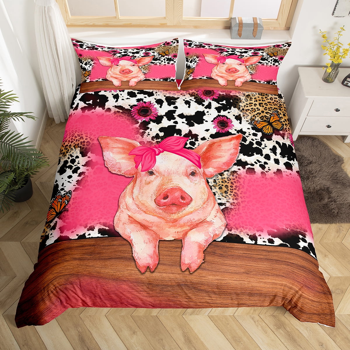 Pink Pig Duvet Cover Black and White Cowhide Bedding Set Queen,Leopard ...