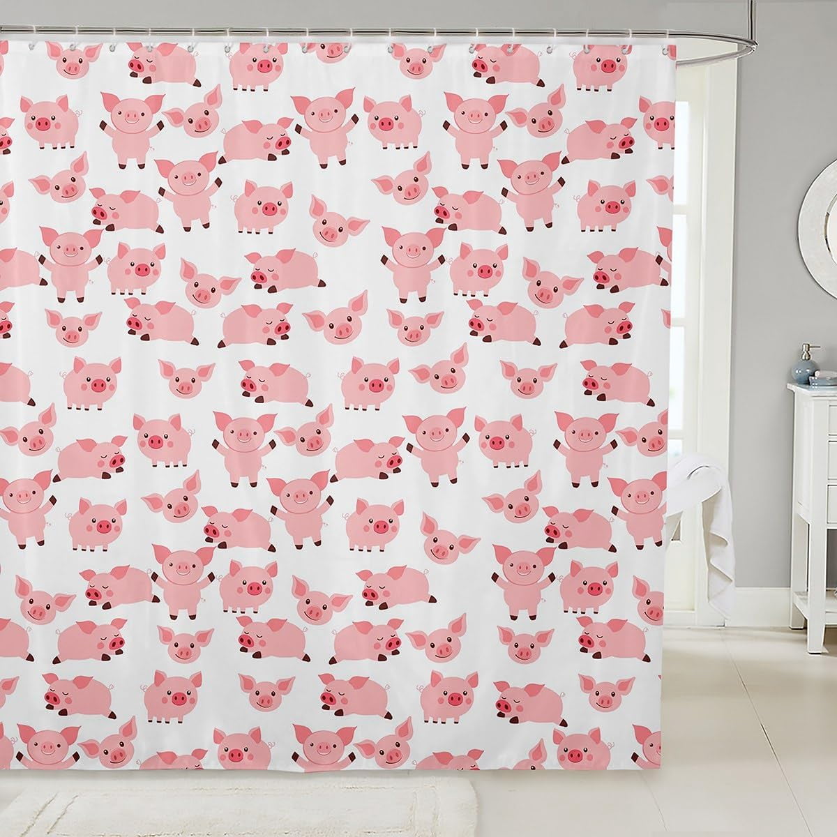 Pink Pig Shower Curtain Kids Cute Pigs Bathroom Shower Curtain Set for ...