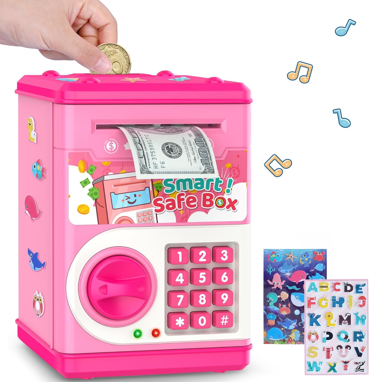 Pink Piggy Bank for Kids with Password Code Lock and Auto Grab Bill ...