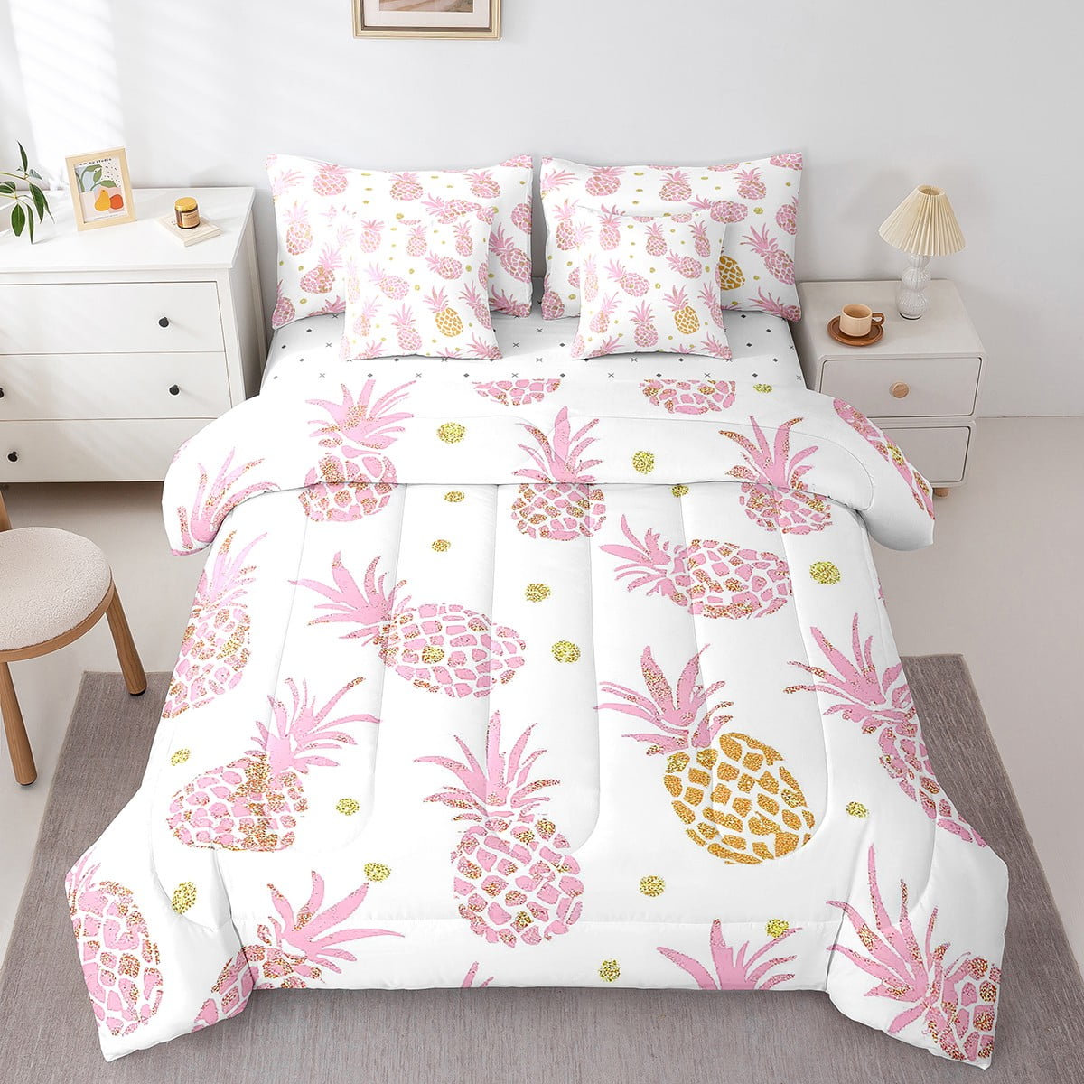 Pink Pineapple 7 Pieces Queen Comforter Set,Cartoon Yummy Fruit Bed in ...