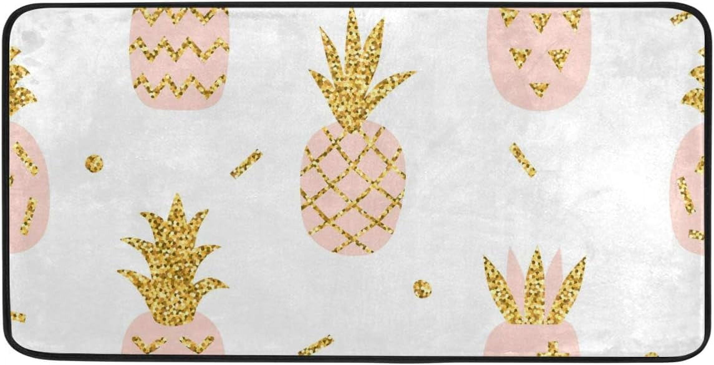 Pink Pineapple with Gold Glitter Design Non-Slip Soft Kitchen Mats Bath ...