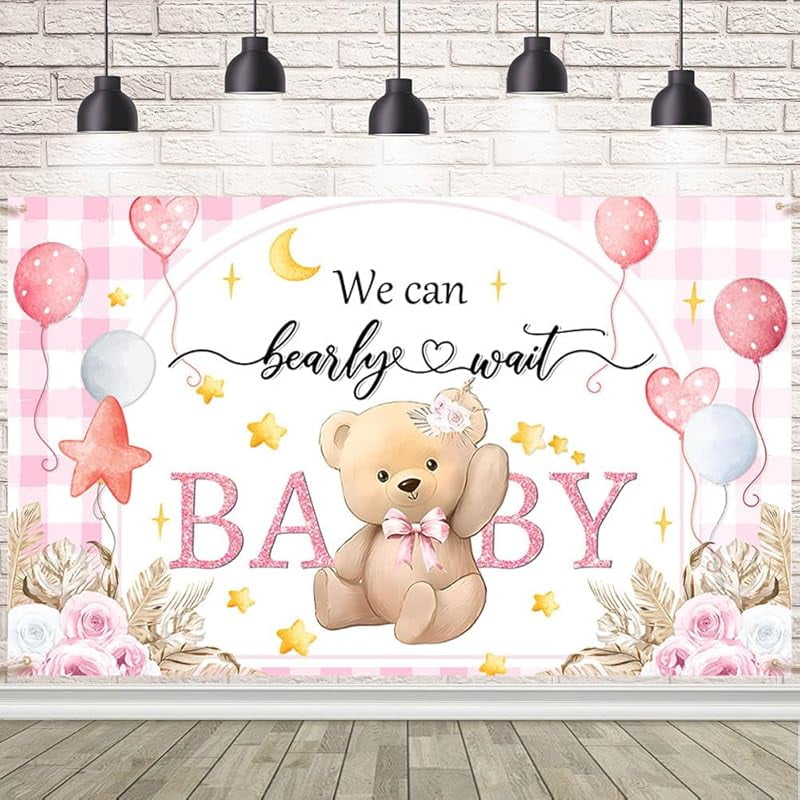 Pink Plaid Bear Baby Shower Backdrop We Can Bearly Wait Photography ...