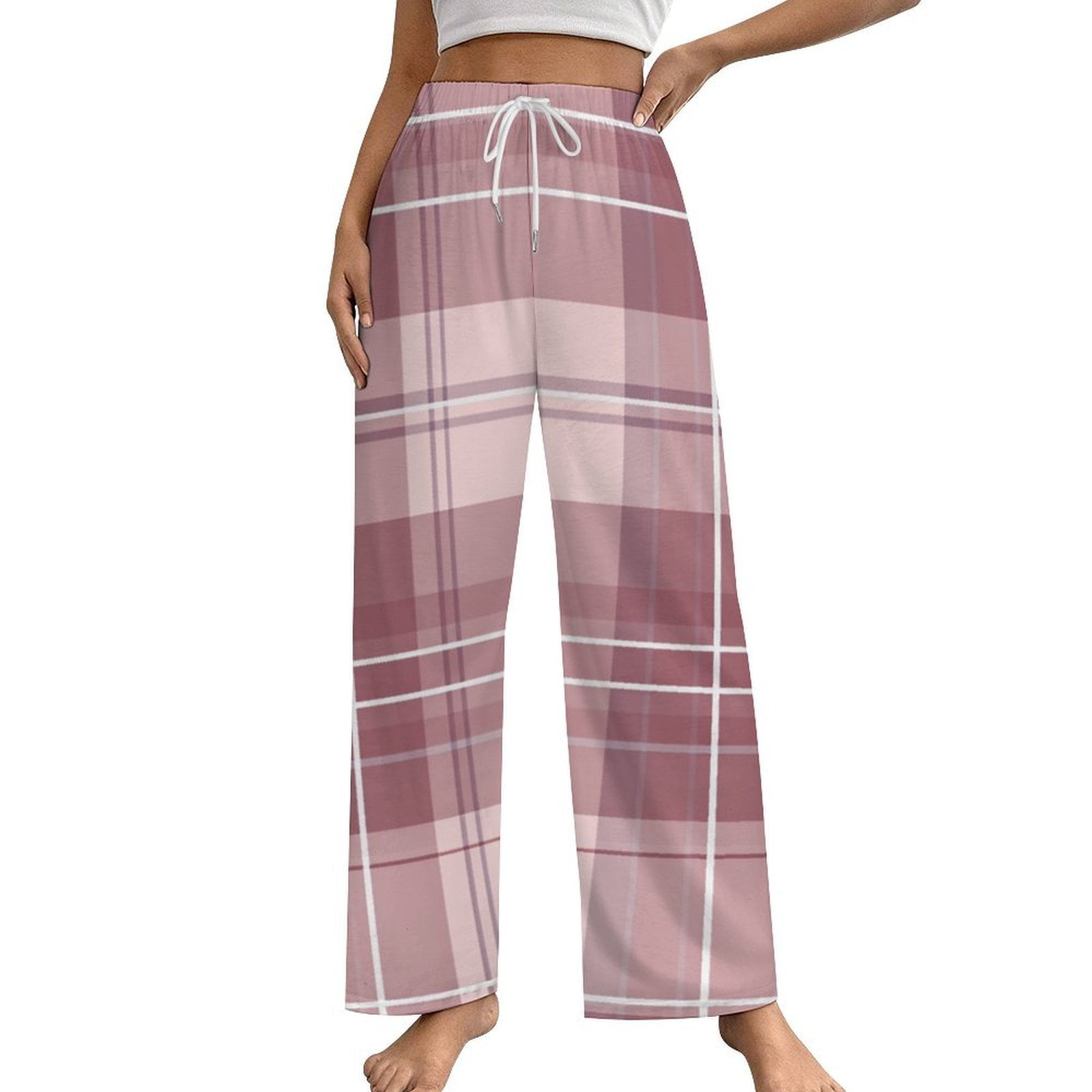 Pink Plaid Pattern Fabric Pajama Pants Breathable with Pockets Pajamas ...