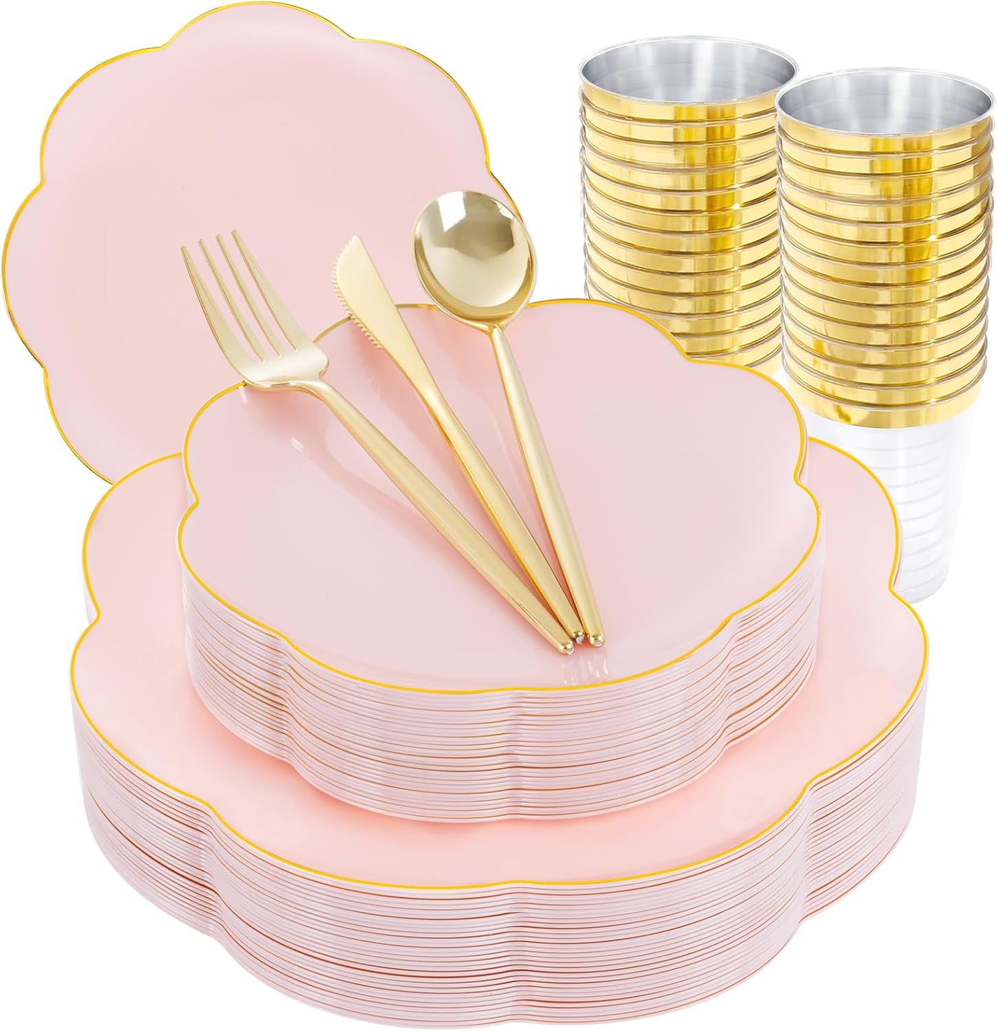 Pink Plastic Plates with Gold Plastic Silverware, Disposable Dinnerware ...