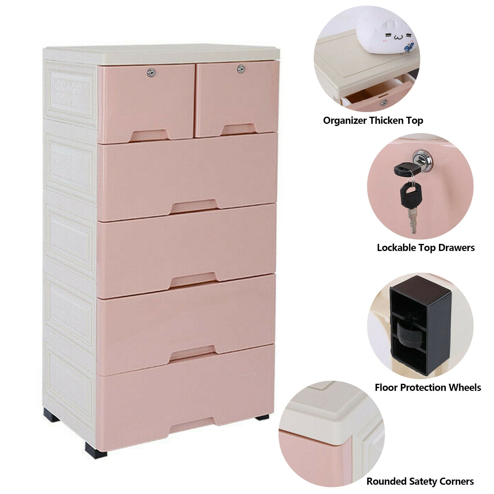 Pink Plastic Storage Dresser for Bedroom 6 Drawer Clothes Organizer ...