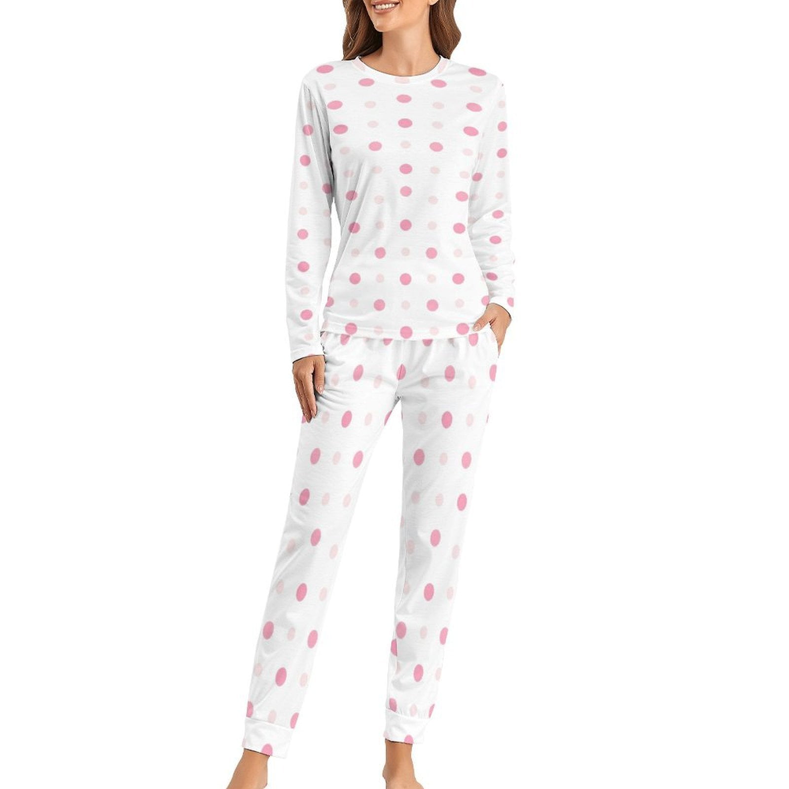 Pink Polka Dot Pattern Pajamas 2 Pieces Pajama Sets Woman Long Sleeve ...