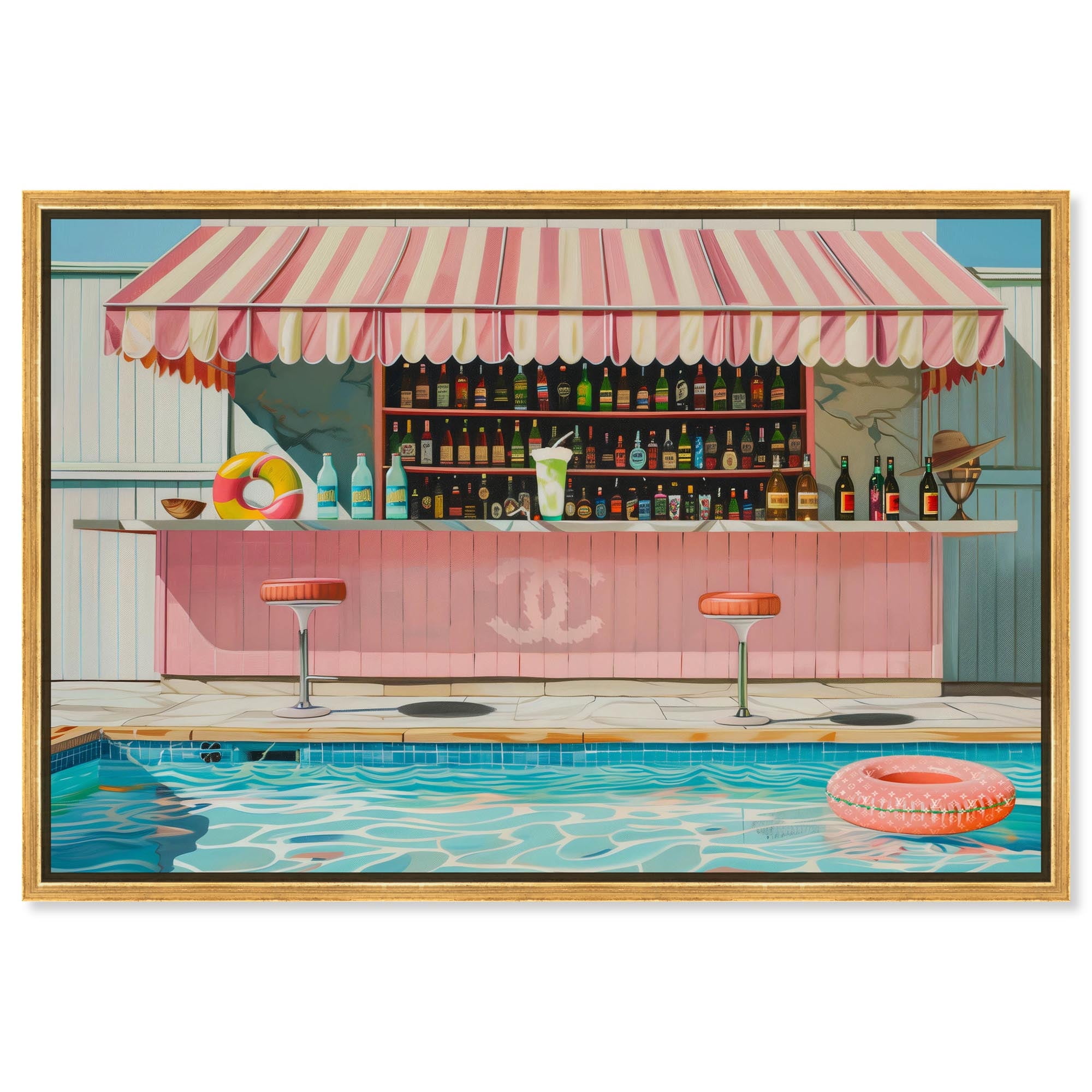 Pink Pool Bar Party Canvas Glam Coastal Art by Art Remedy, Gold Frame ...
