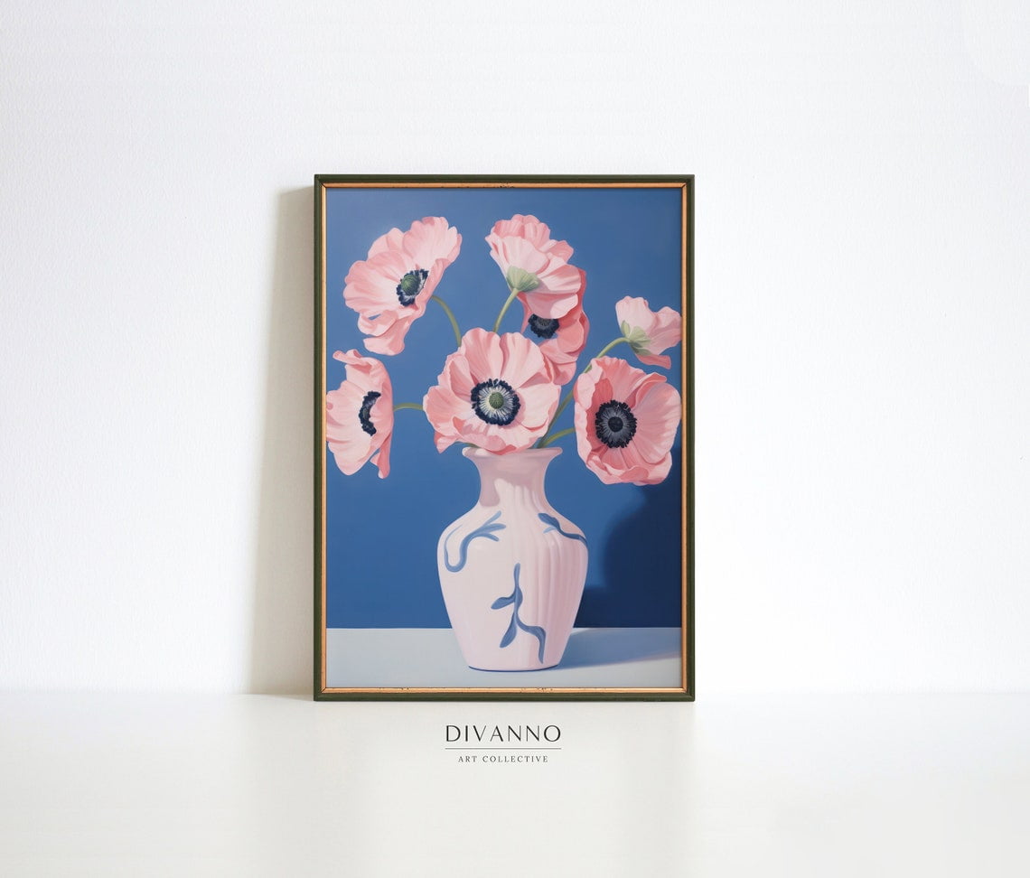 Pink Poppies Art Print, Botany, Flowers In Vase Wall Art, Contemporary ...