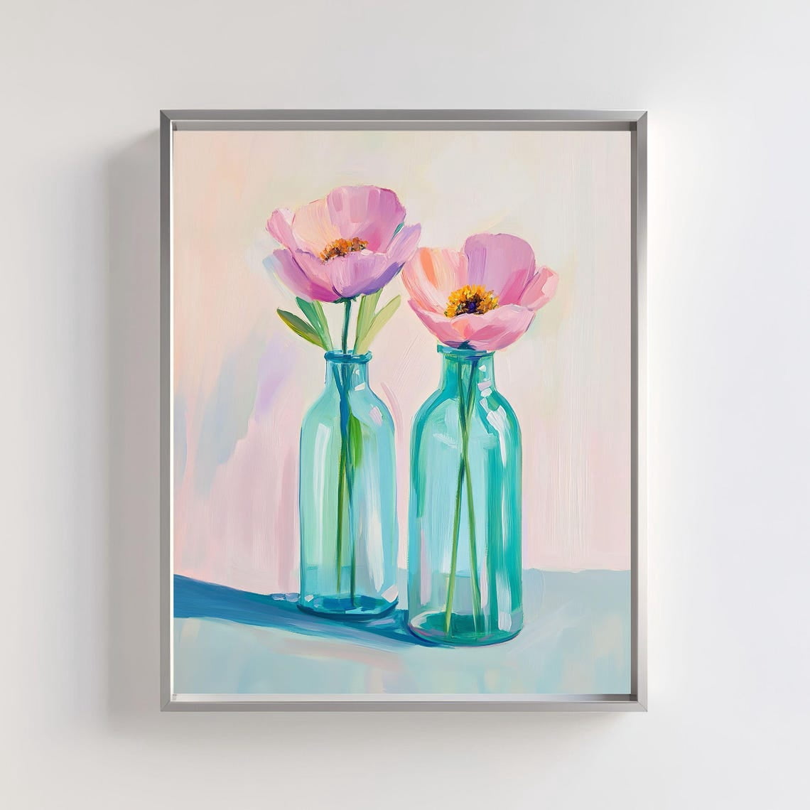 Pink Poppy Flowers Wall Art, Still Life With Blue Vases, Floral Artwork ...