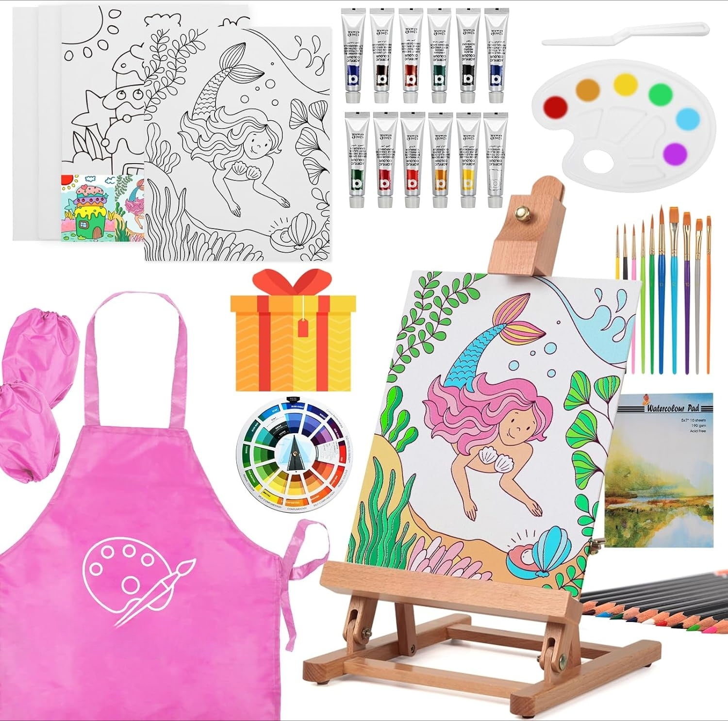Pink Portable Tabletop Easel Kit - Wooden Art Set for , 12 Paints, 10 ...