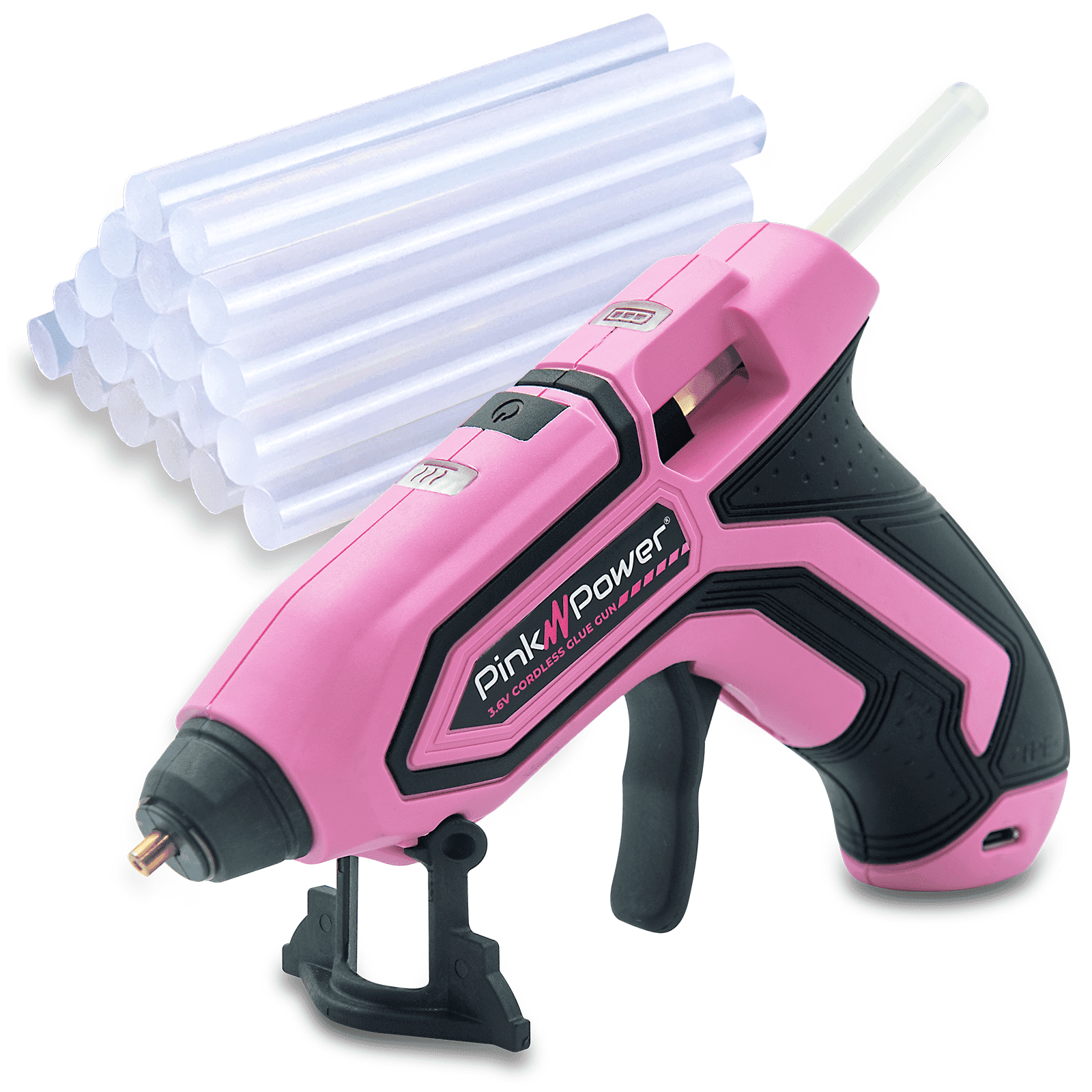 Pink Power Cordless Mini Hot Glue Gun with Stand, USB Rechargeable, 90 ...