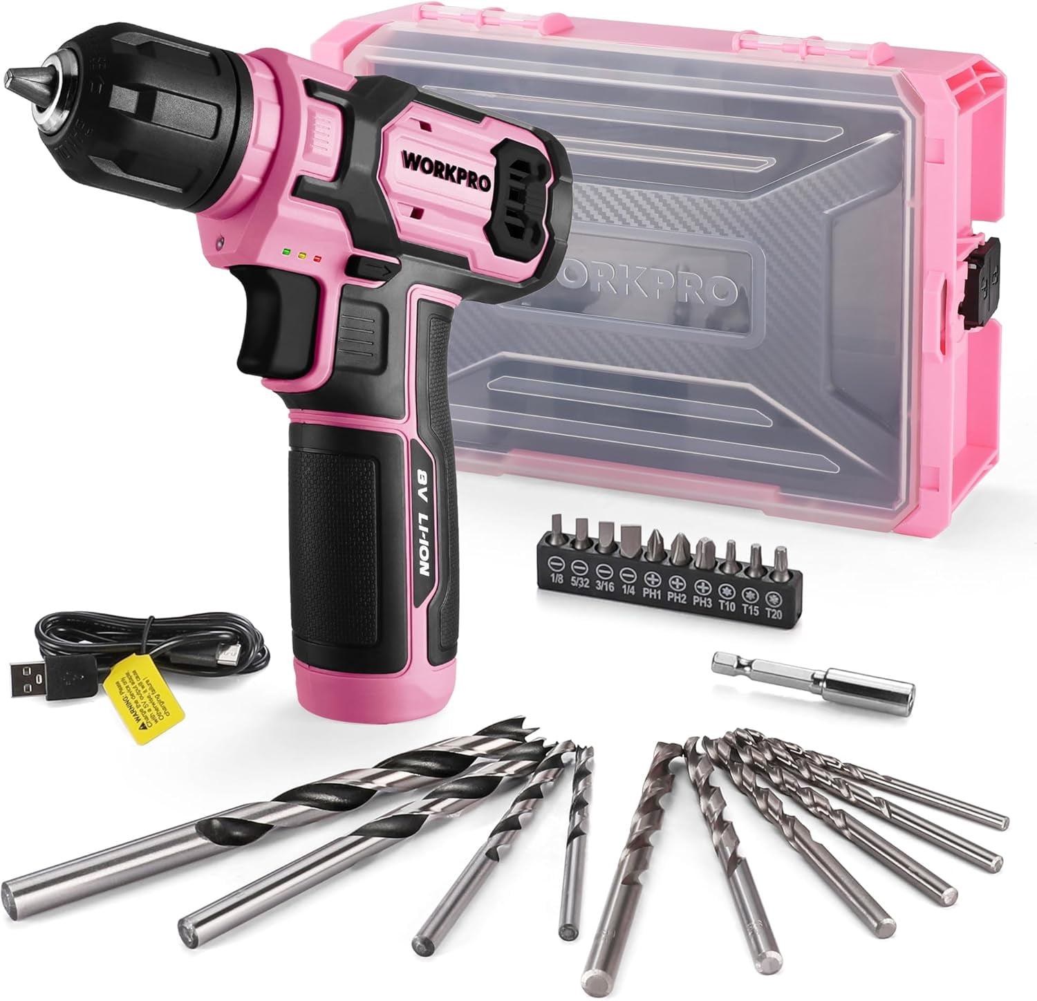 Pink Power Drill Set and Stackable Tool Box, 8V Cordless Drill Driver ...