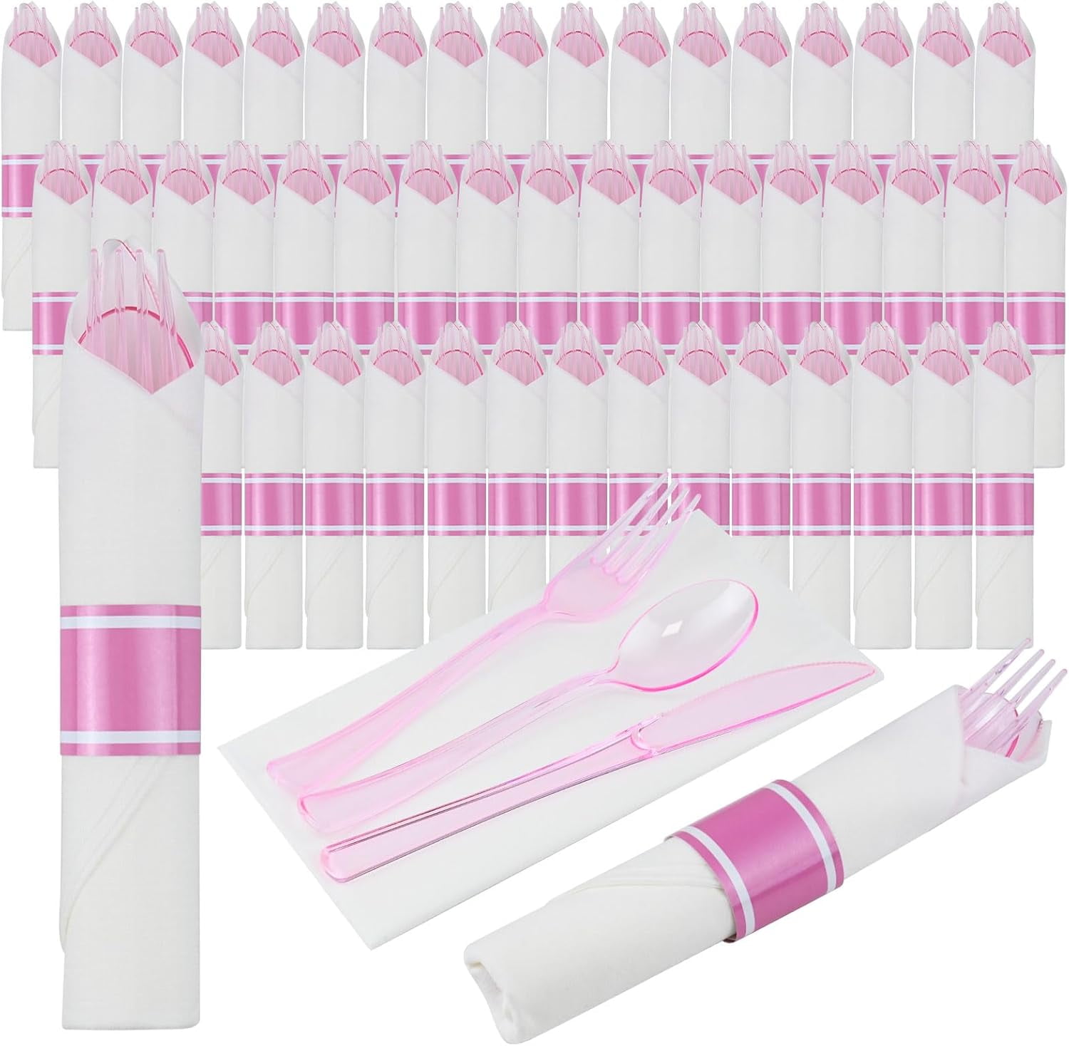 Pink Pre-Rolled Cutlery Sets 50 Pack - Heavy Duty Plastic Silverware ...