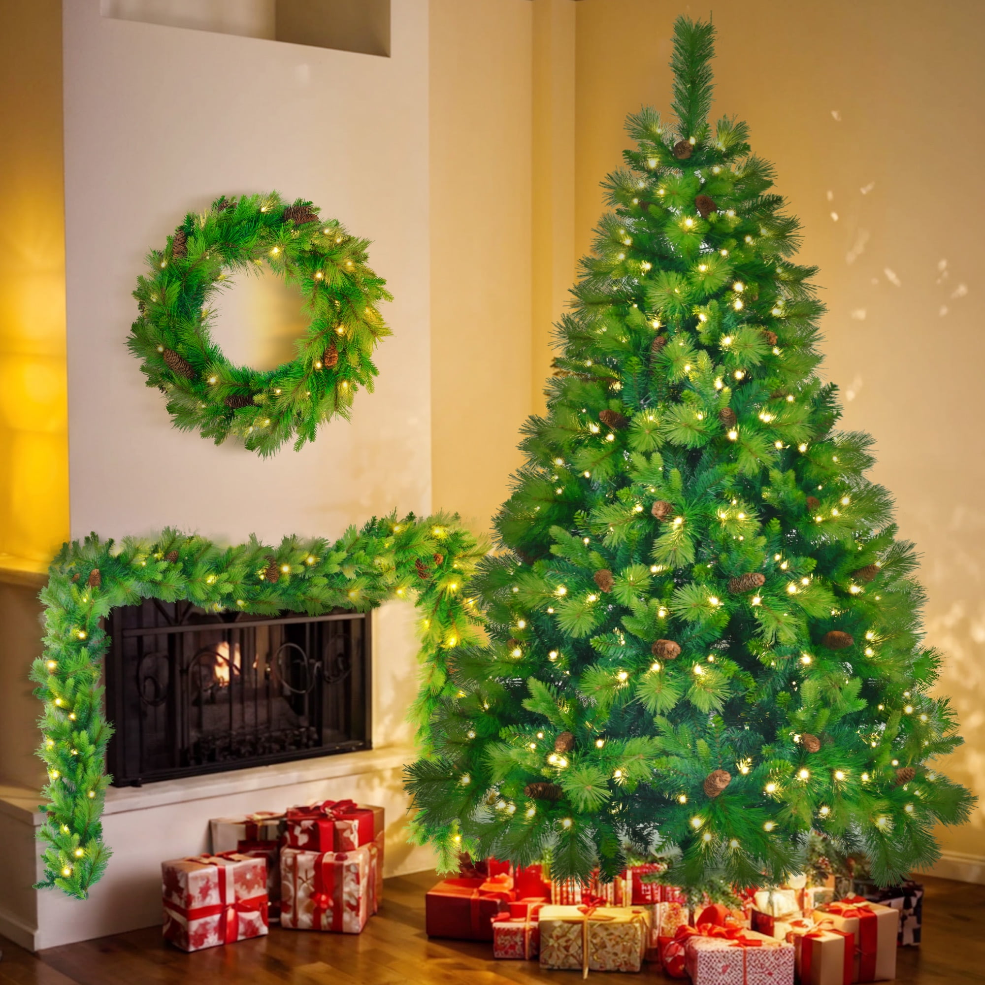 6FT Grass Green Christmas Tree, Large Branches Pine Tree, Pre-Lit Set ...