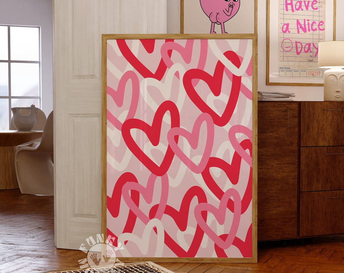 Pink Preppy Hearts Art, Preppy Room Decor, Dorm Aesthetic Print, Trendy ...