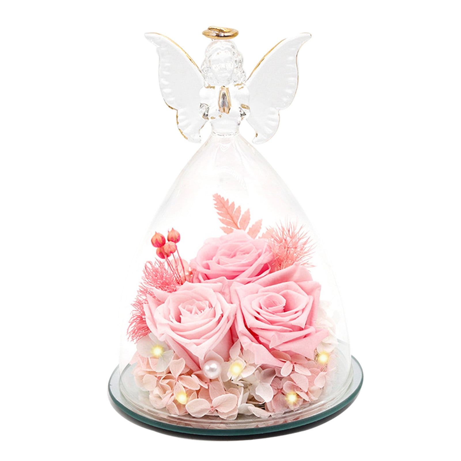 Pink Preserved Rose In Glass Dome With Angel Figurine Anniversary Gift ...