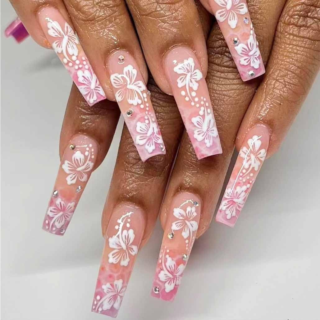 Pink Press on Nails Long,Flower Fake Nails Square Bling Glossy ...