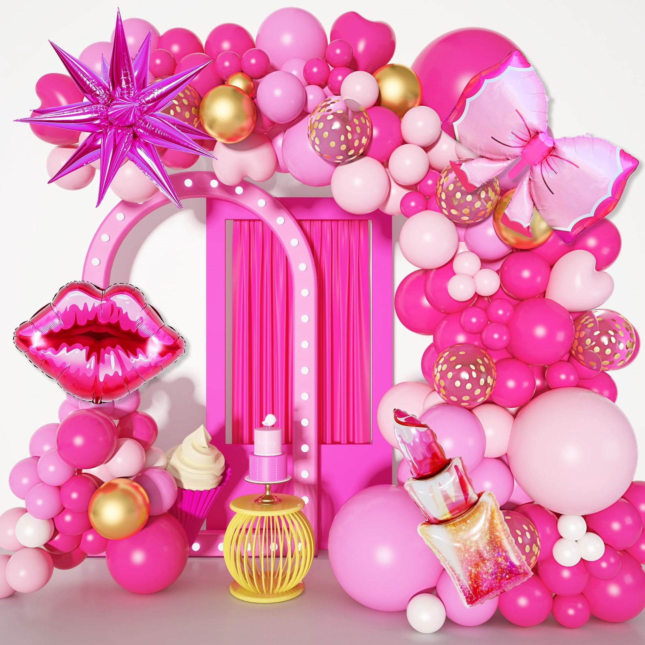 Pink Princess Balloon Garland Kit with Hot Pink Confetti Star Lipstick ...