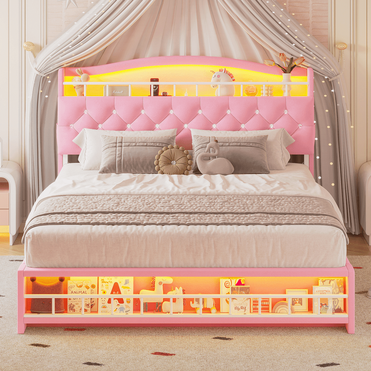 Pink Princess Bed with LED Lights & Charging Station,For Girls Full ...