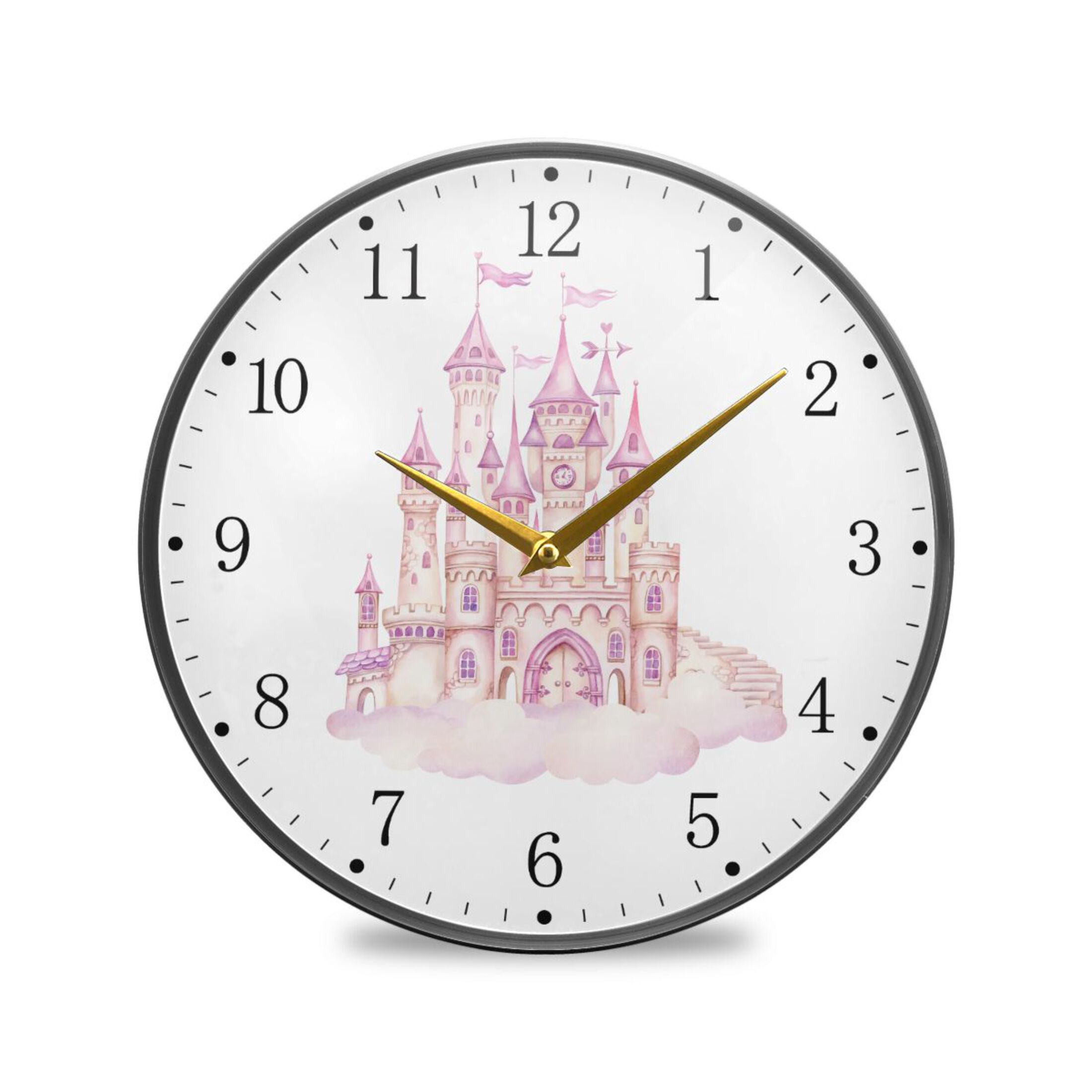 Pink Princess Castle on Clouds Acrylic Wall Clocks Quiet Round Clock ...