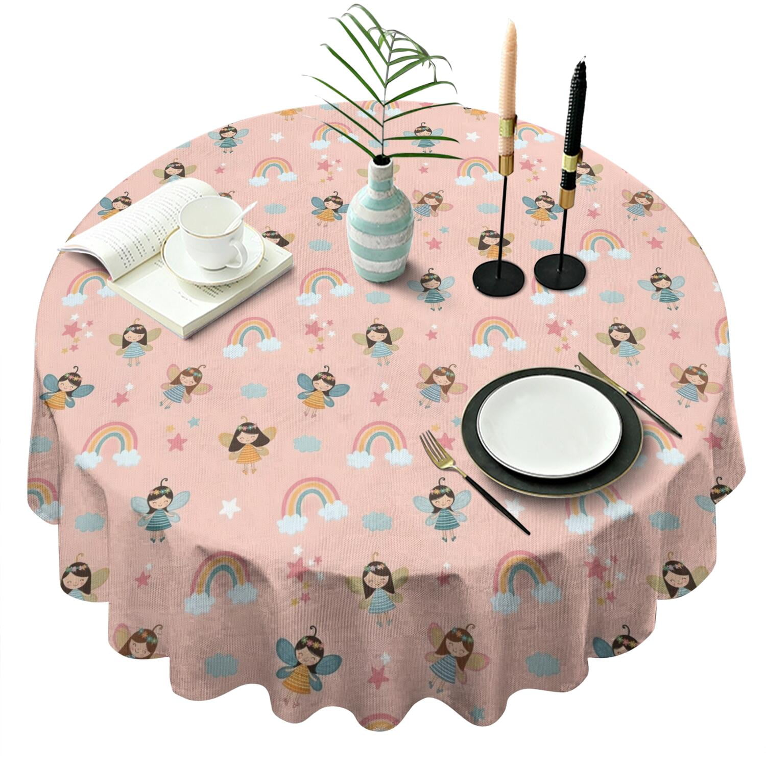 Pink Princess Castle Rainbow Pattern Round Tablecloth 60"x60",Wrinkle ...