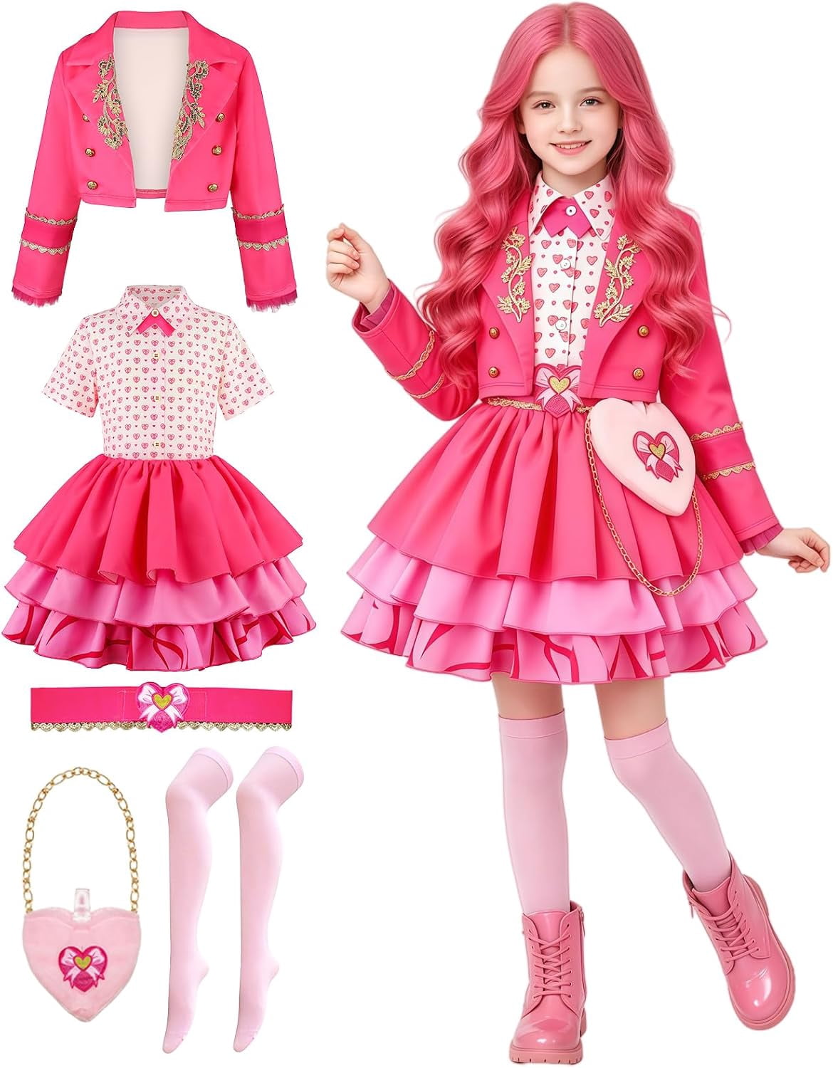 Pink Princess Cosplay Costume Set, Long Sleeve Jacket and Heart Print ...