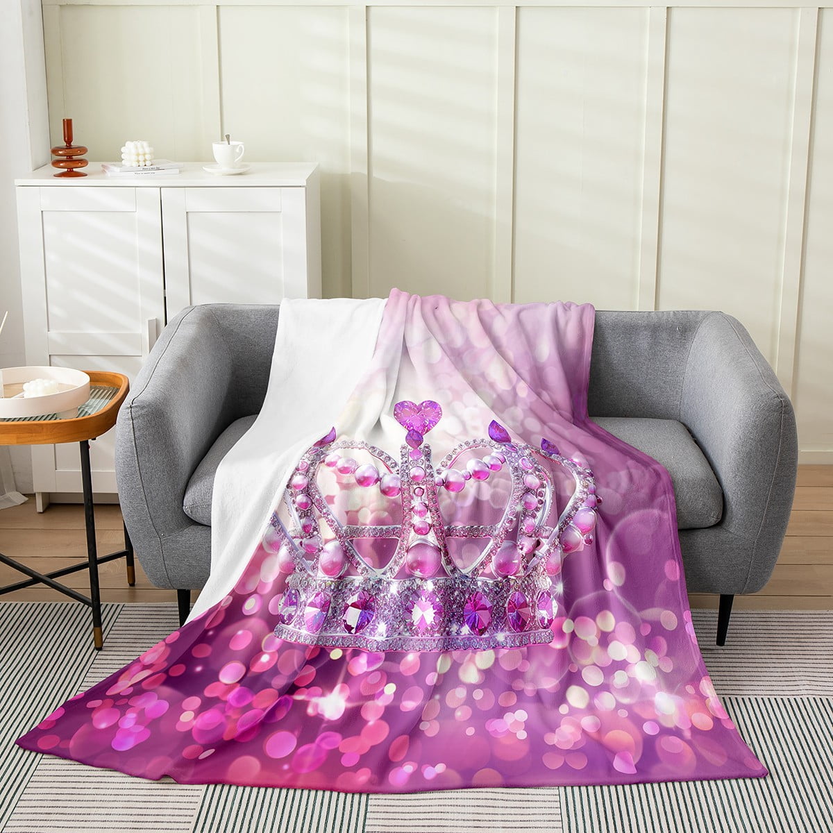 Pink Princess Crown Blanket Queen 90x90, Glitter Stars Throw Blanket ...