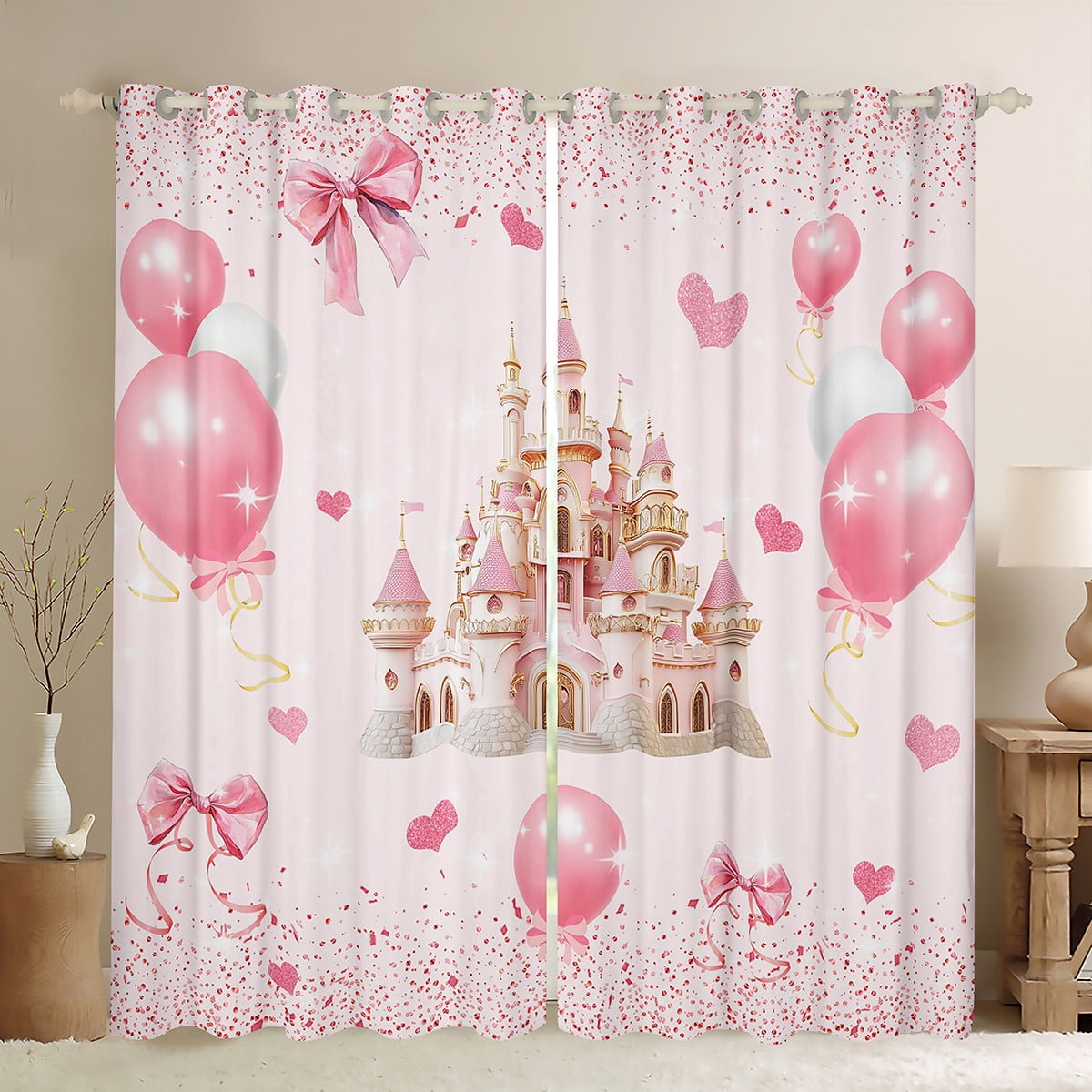 Pink Princess Curtains,Pink Bow Castle Curtains Drapes Bedroom Decor ...