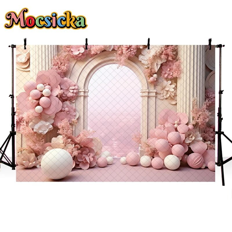 Pink Princess Girl Birthday Photography Background Balloon Arch Floral ...