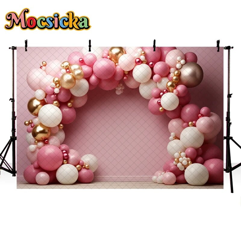 Pink Princess Girl Birthday Photography Background Balloon Arch Floral ...