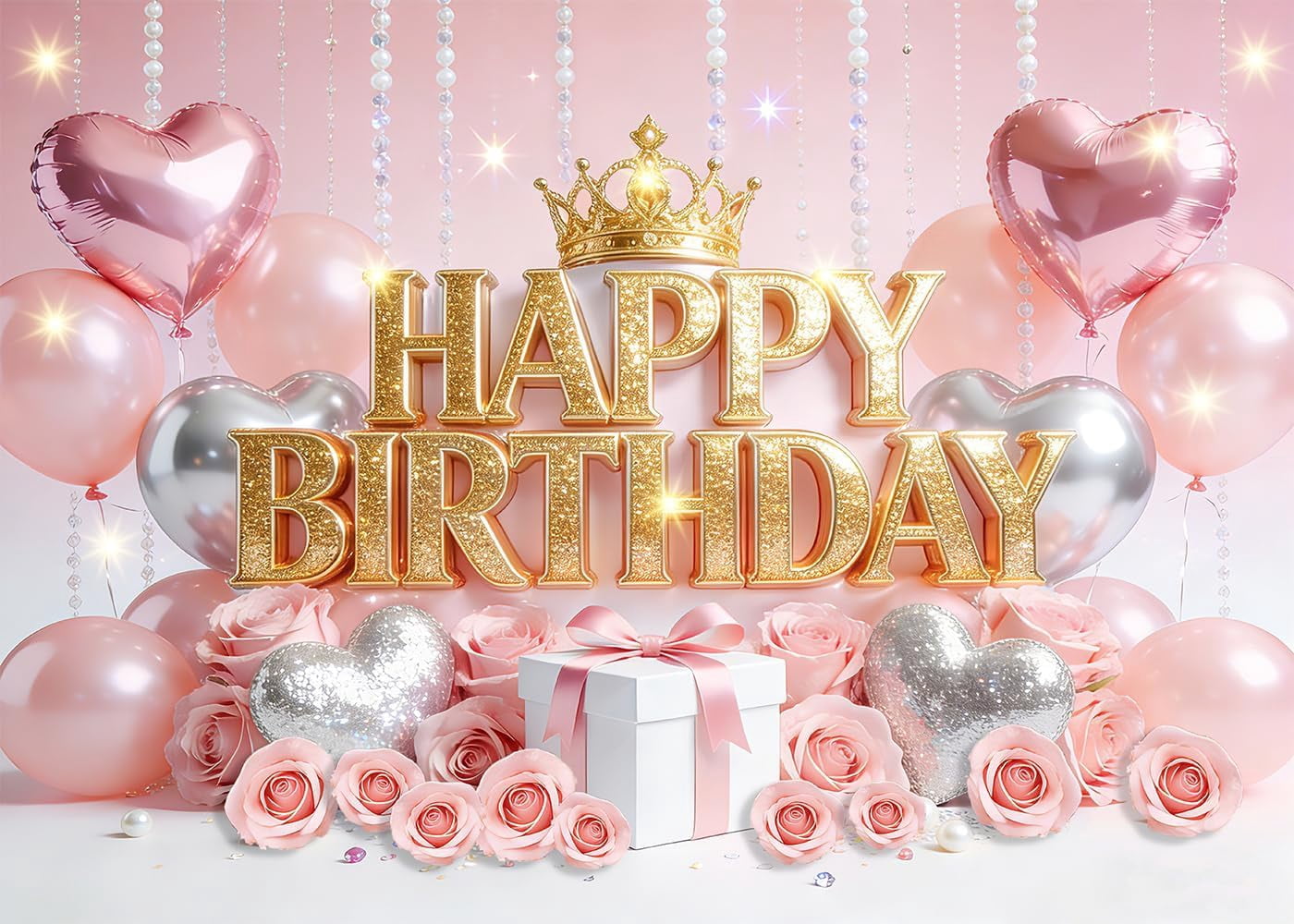 Pink Princess Happy Birthday Backdrop Elegant Golden Glittering Crown ...