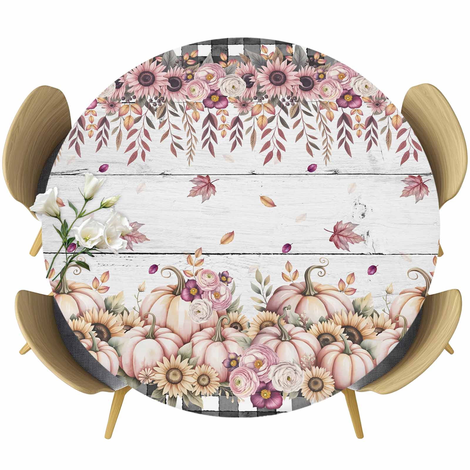 Pink Pumpkin Fall Round Tablecloth, Fitted Table Cover with Elastic for ...