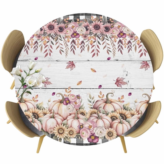 Pink Pumpkin Fall Round Tablecloth, Fitted Table Cover with Elastic for ...