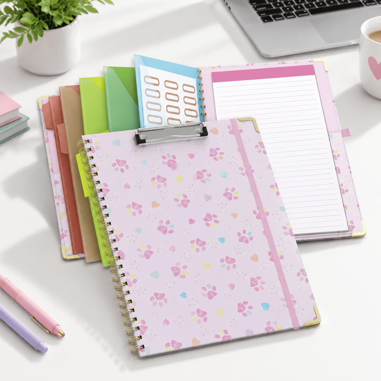 Pink Puppy Paws 14.17 x 11.22 x 1.06 in Clipboard Folio with 10 Pockets ...