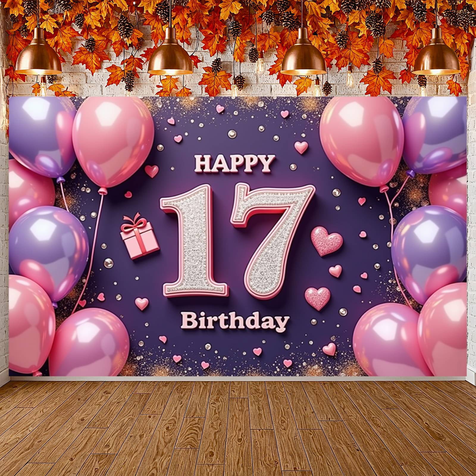 Pink Purple 17th Birthday Banner Heart Decor Display Balloon Design ...
