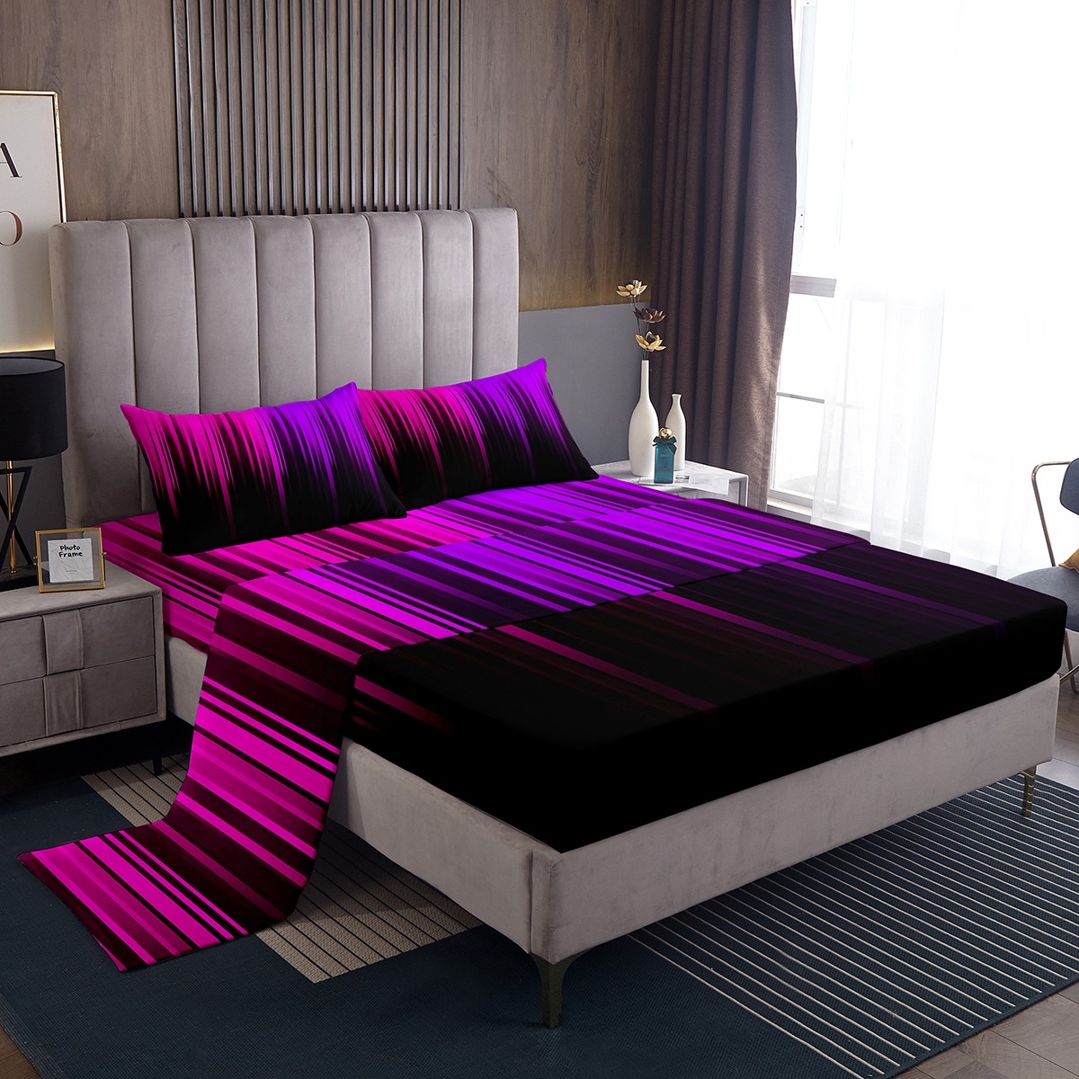 Pink Purple Black Bed Sheets Full Abstract Gradient Stripes Bedding Set Women,Vintage Ombre ...