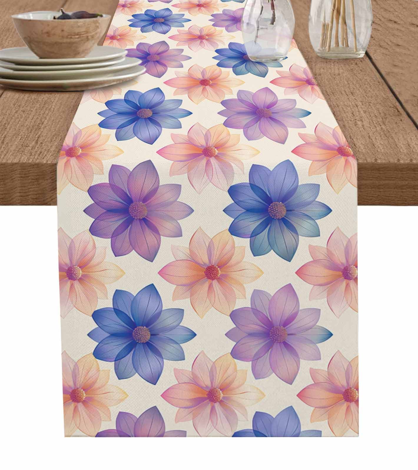 Pink Purple Blue Spring Floral Burlap-Cotton Table Runner 108 Inches ...