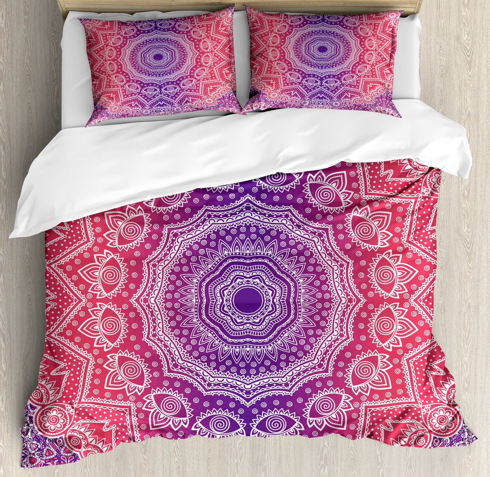 Pink and Purple Duvet Cover Set, Vintage Art in Mandala Print Ombre ...
