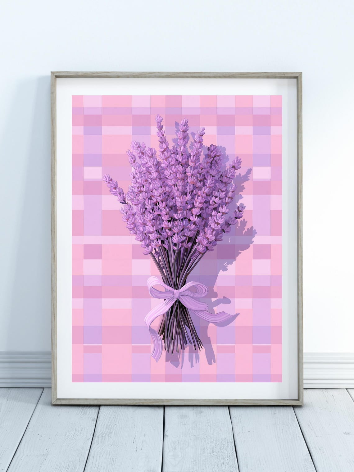 Pink & Purple Gingham Flower Poster-Checkered Poster, Pastel Wall Art ...