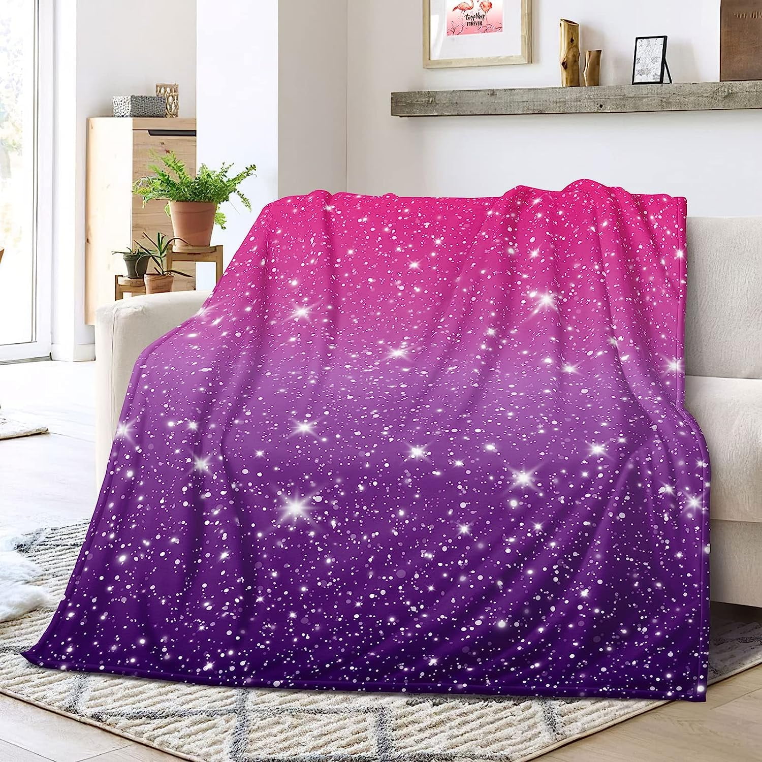 Pink Purple Gradient Glitter Throw Blanket Starry Sky Bed Blanket ...