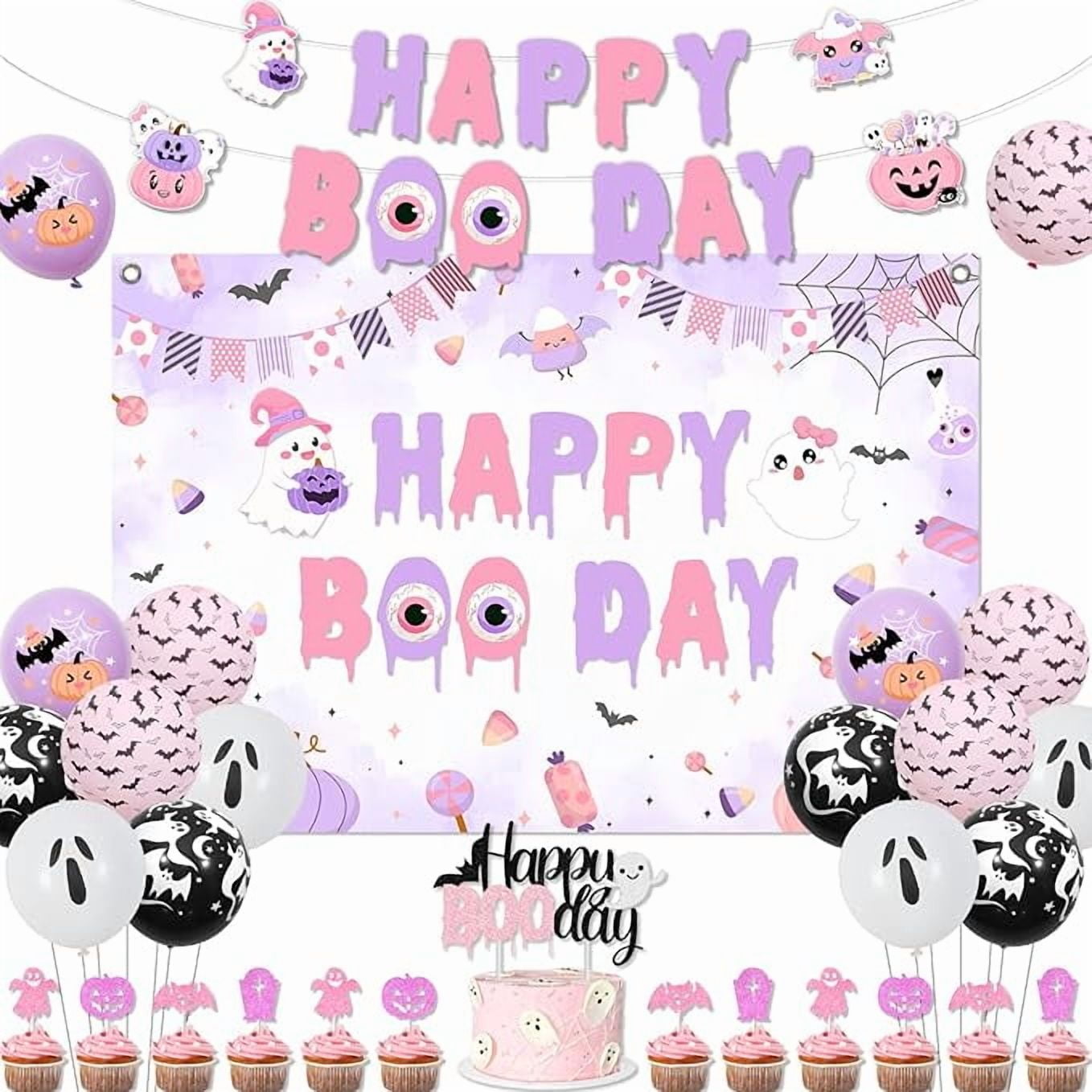 Pink Purple Halloween Birthday Party Decorations Happy Boo Day Banner ...