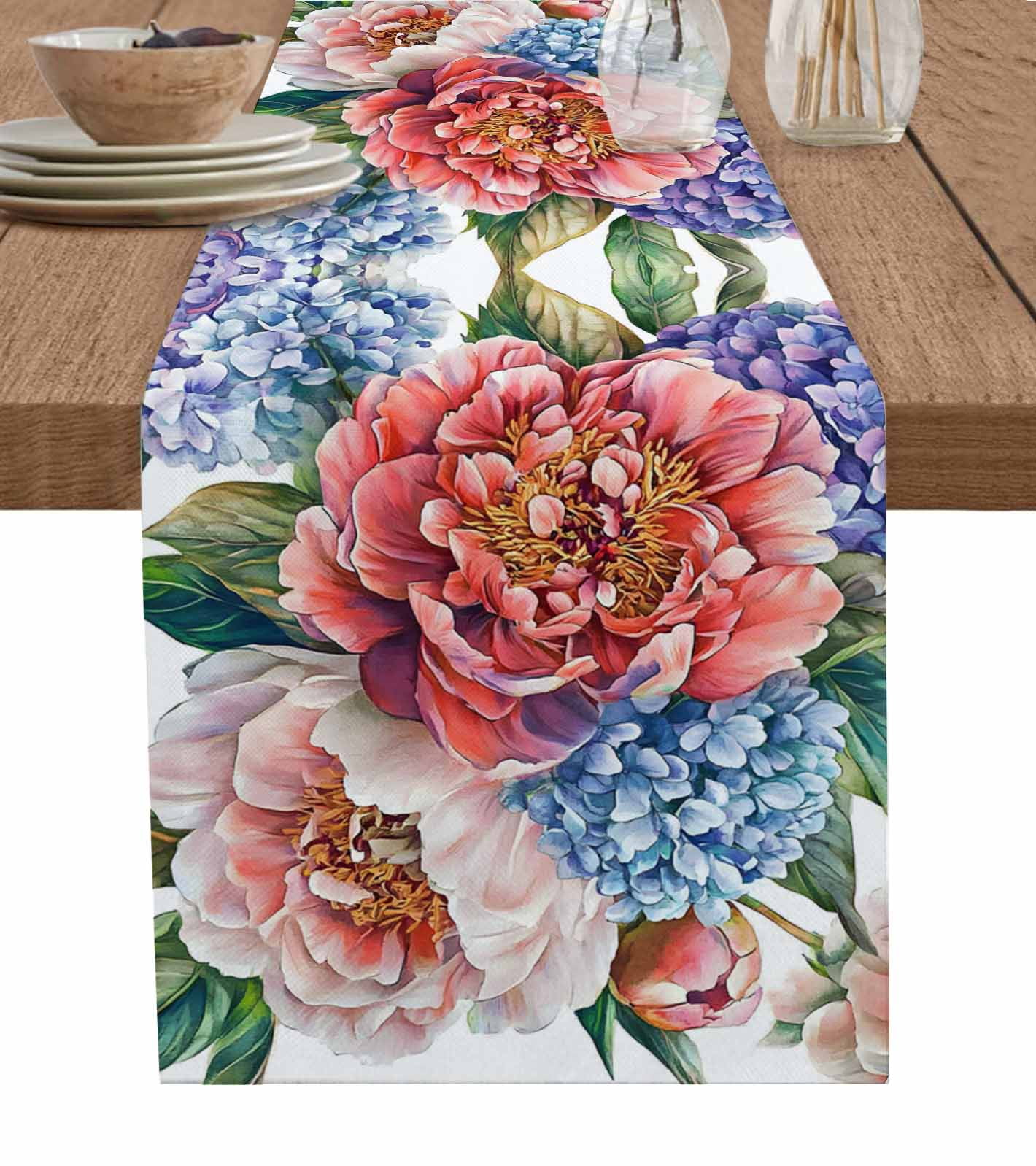 Pink Purple Hydrangea Table Runner 72 Inches, Spring Botanical Blossom Floral Bed Runner Dresser ...