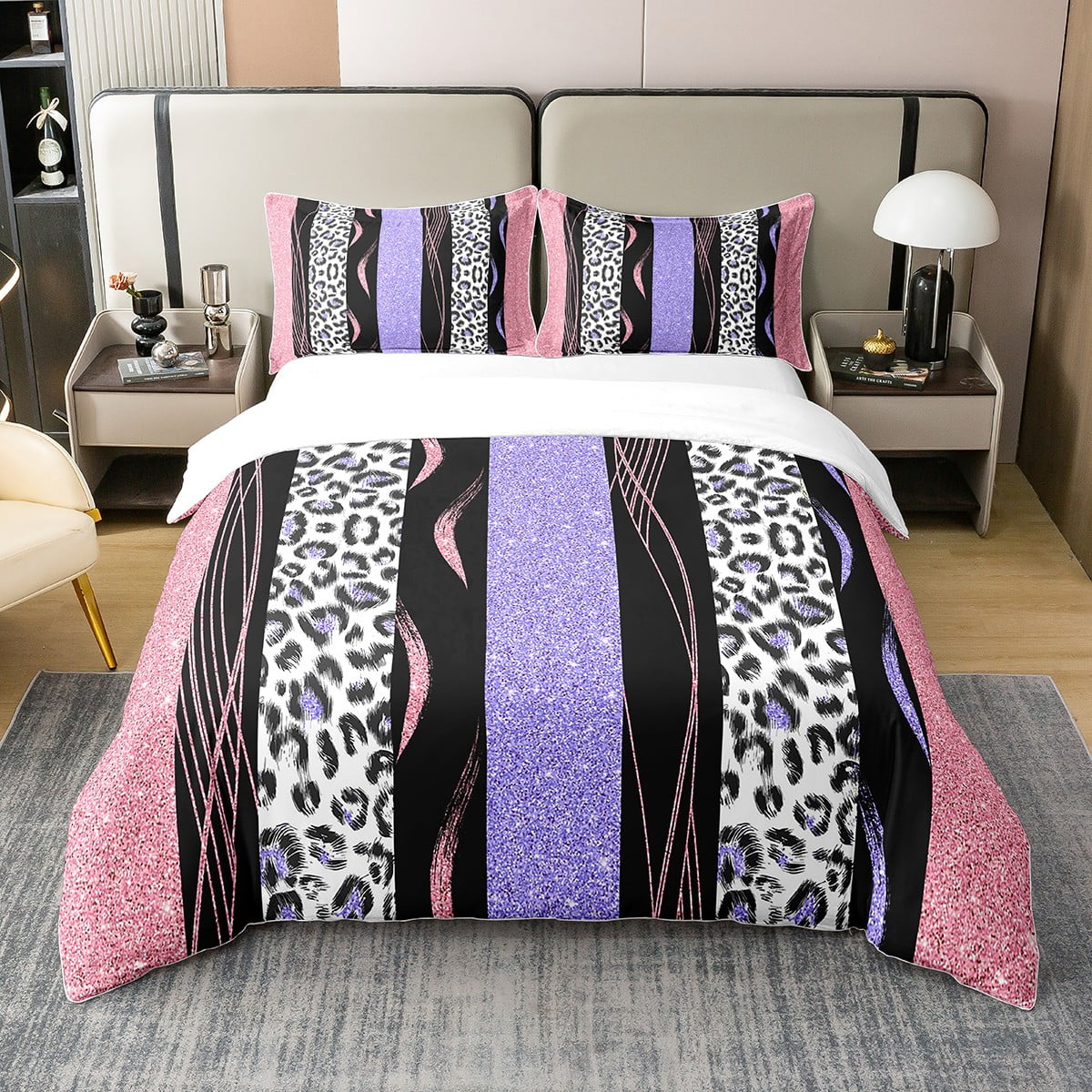 Pink Purple Leopard Print 100% Cotton Duvet Cover,Girly Glitter Galaxy ...