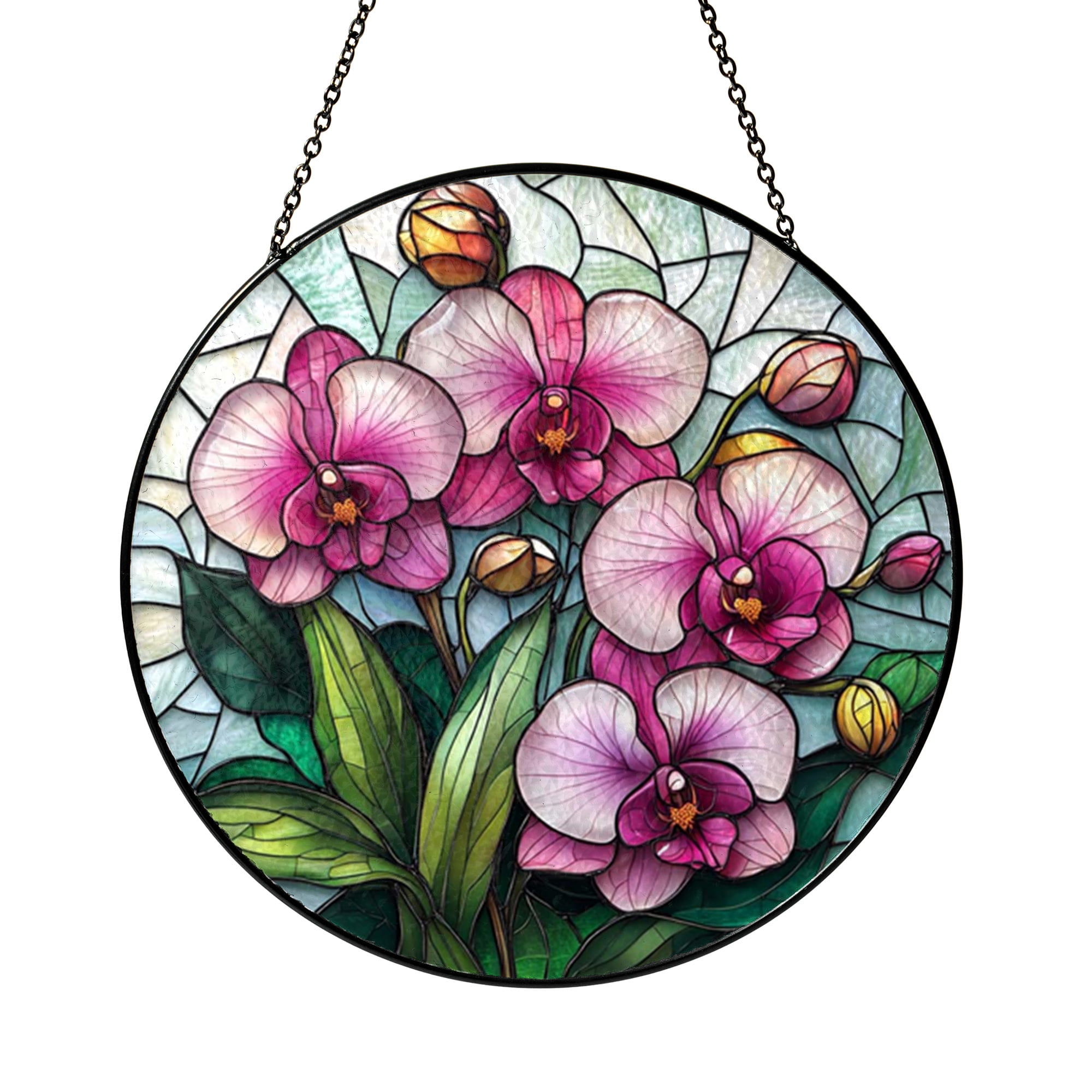 Pink Purple Orchid Stained Glass Window Hanging, Round Floral ...
