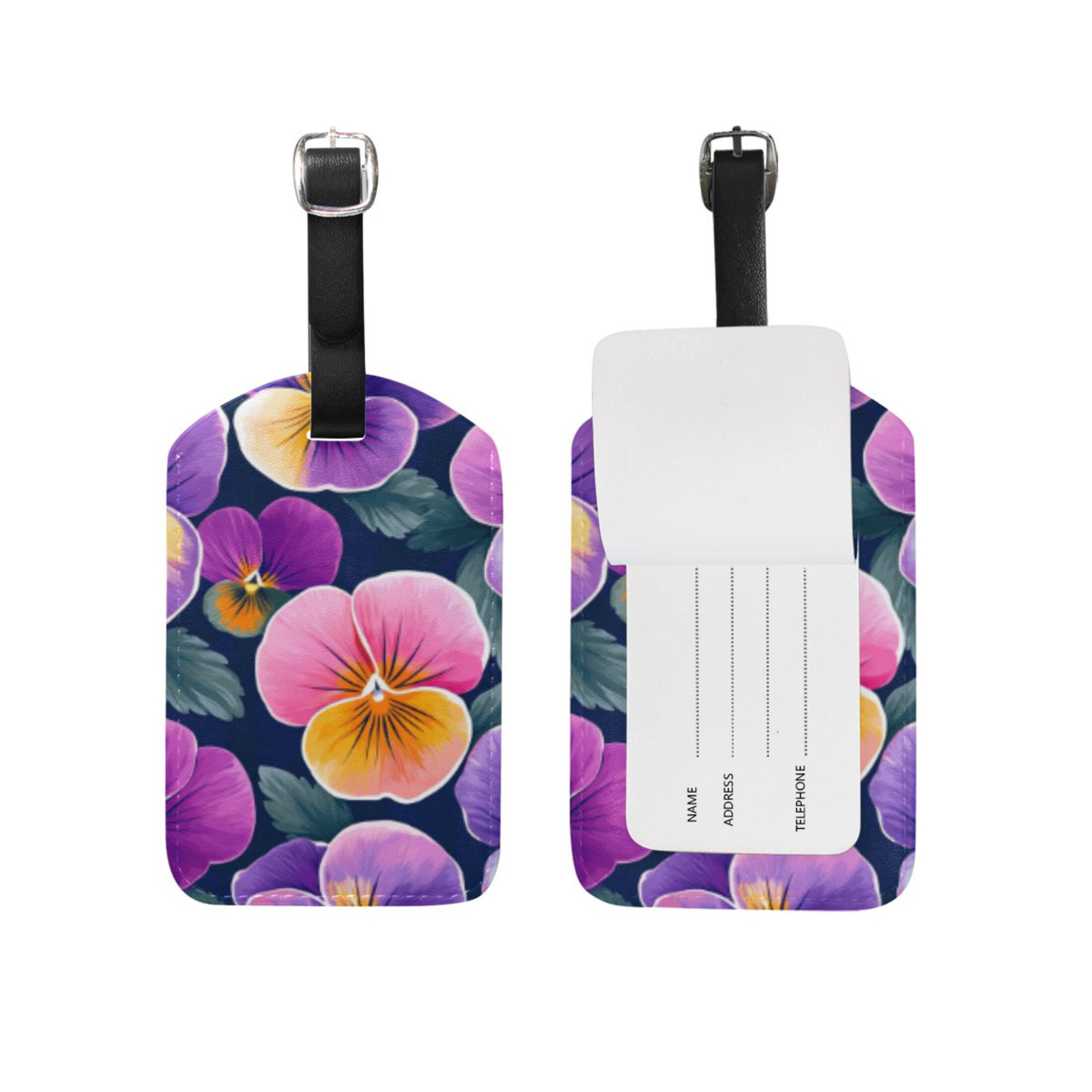 Pink Purple Pansy Luggage Tags PU Leather Name ID Labels for Suitcase ...