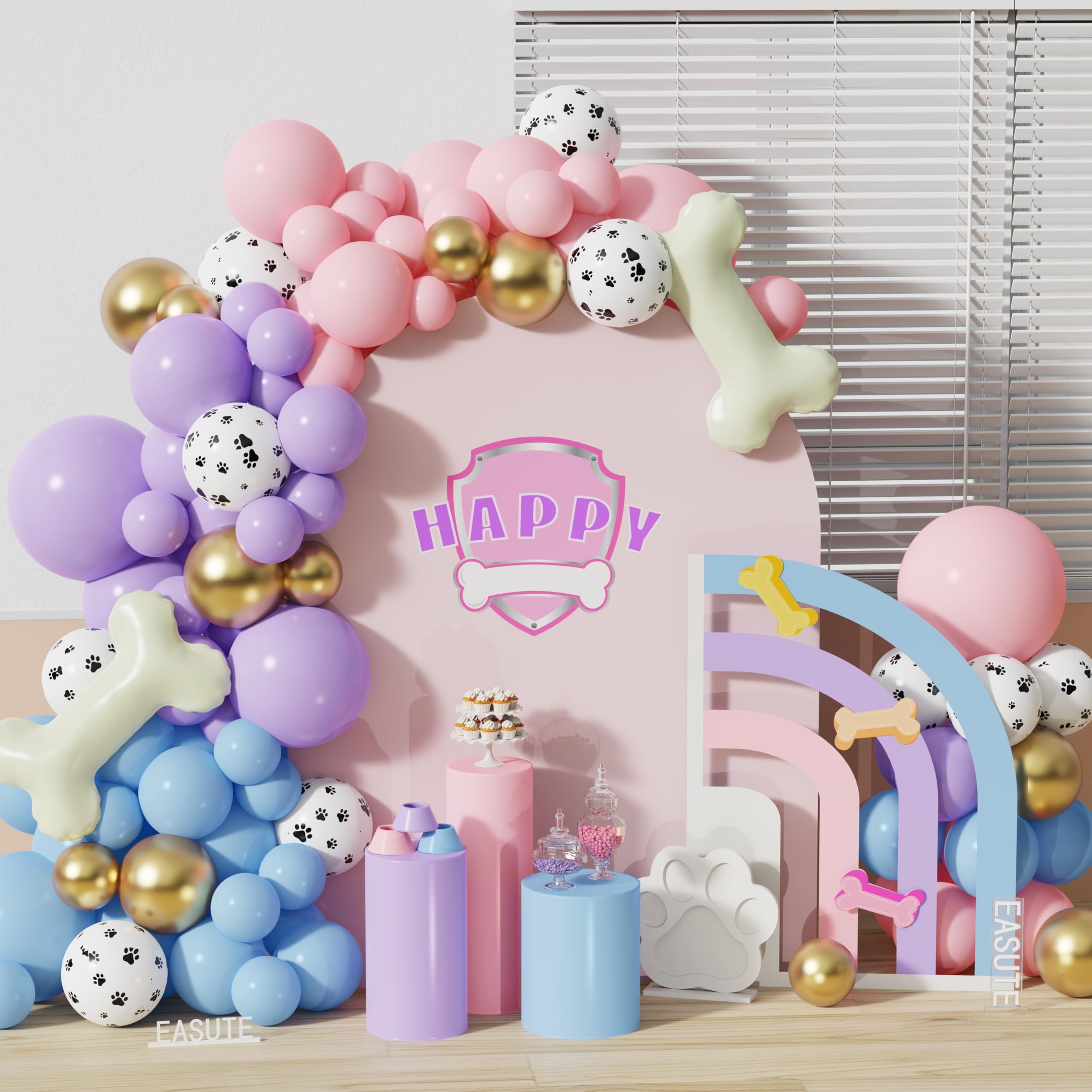 Pink Purple PawTRDN Balloons Garland Arch Kit with Dog Paw Print Balloons Dog Bone Shaped ...