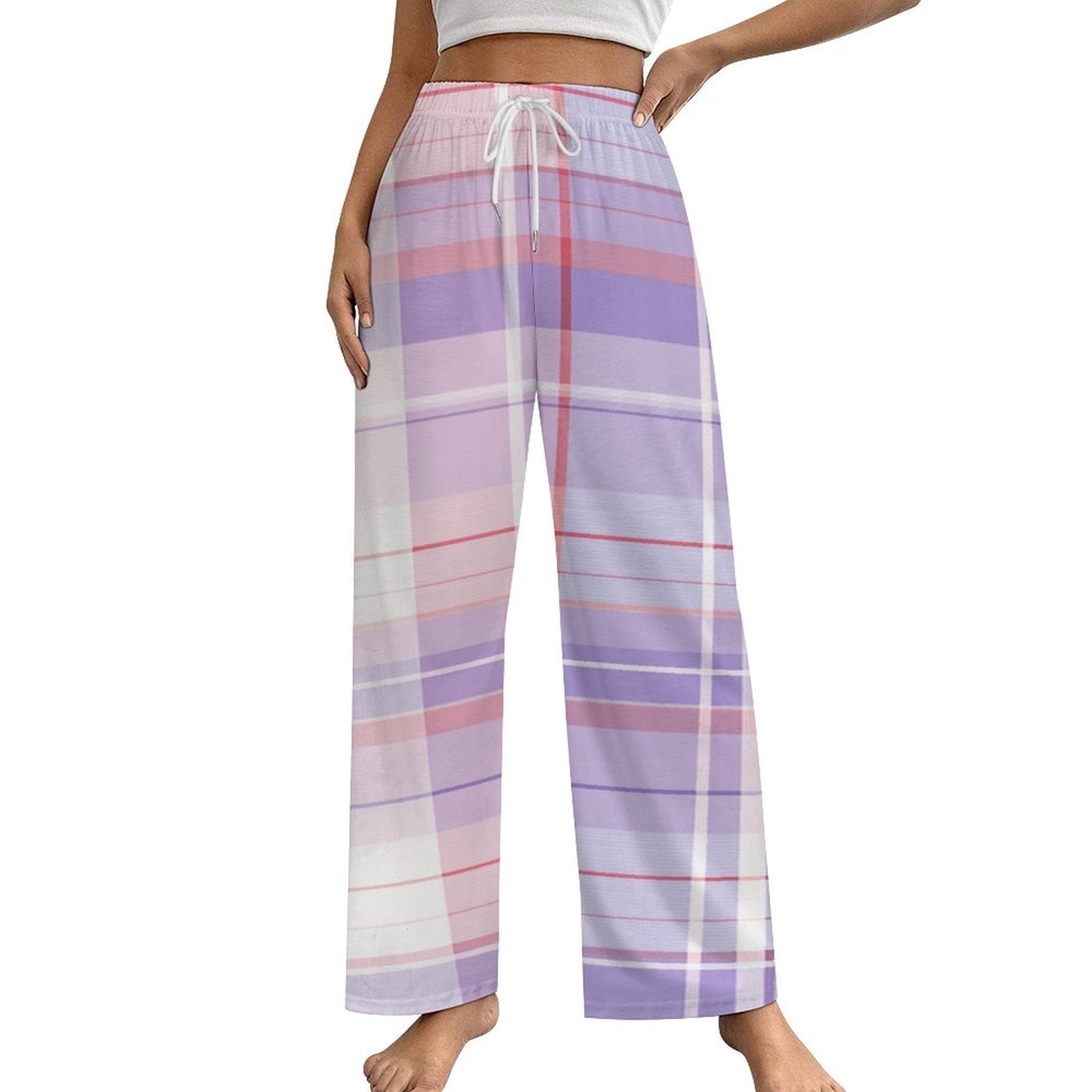 Pink Purple Plaid Pattern Soft Pastel Pajamas Leisure Trousers Soft ...