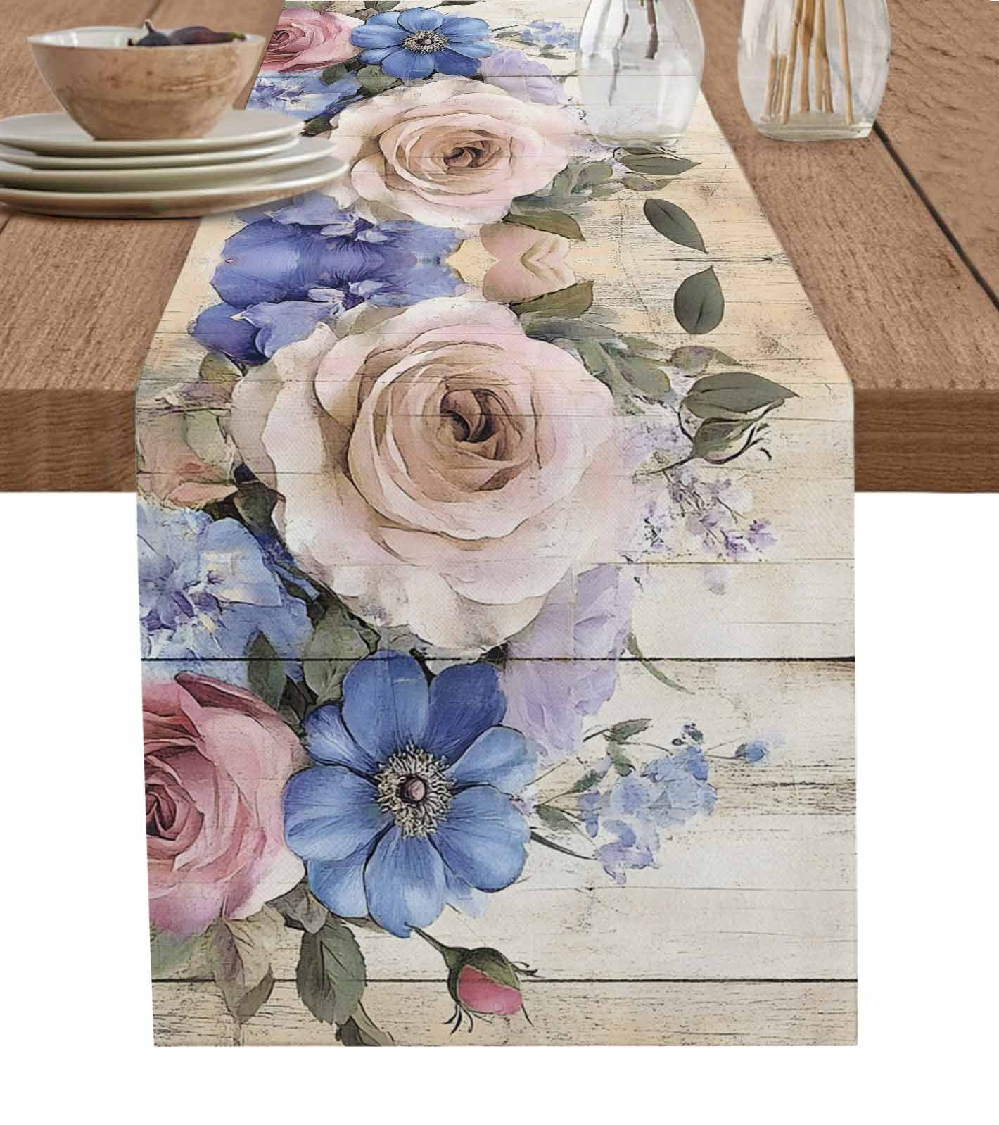 Pink Purple Roses Table Runner 72 Inches, Vintage Spring Botanical ...