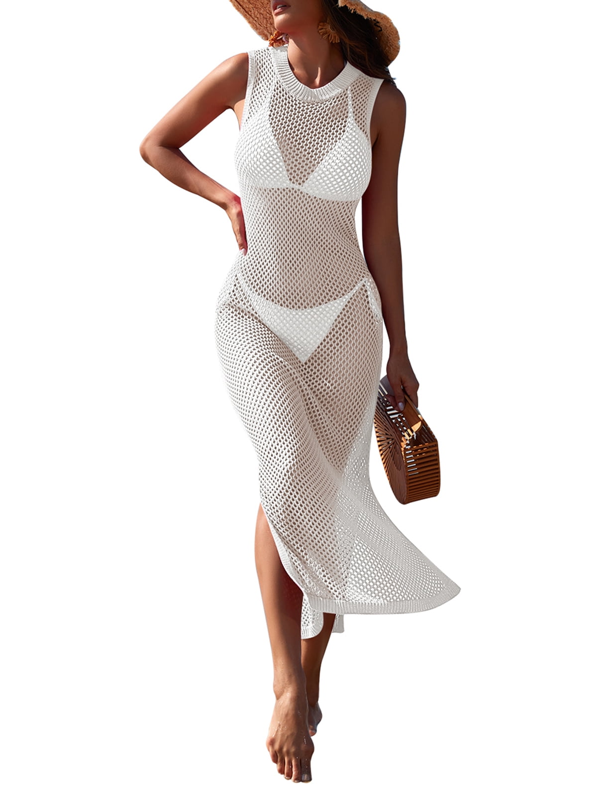 Pink Queen 2024 Women Crochet Swimsuit Cover Up Hollow Out Sleeveless