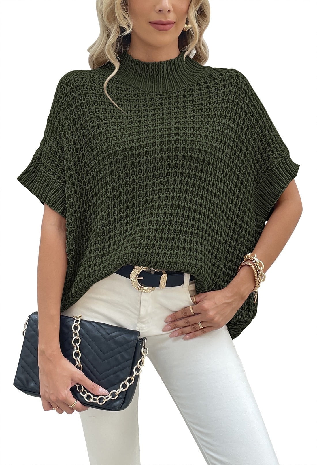 Pink Queen 2025 Oversized Mock Neck Short Sleeve Knit Sweater Pullover-Soft Comfortable for ...